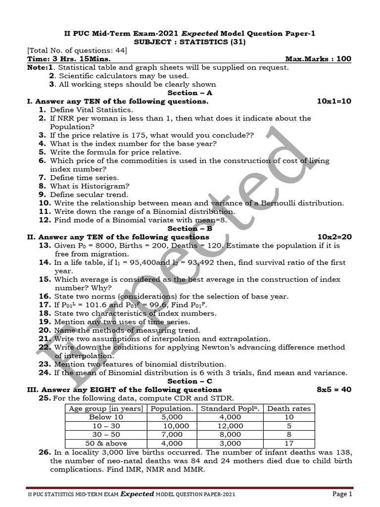 II Puc Statistics Mid-Term Exam Expected Model QP 2021-1 | PDF | Cost Of Living | Statistics