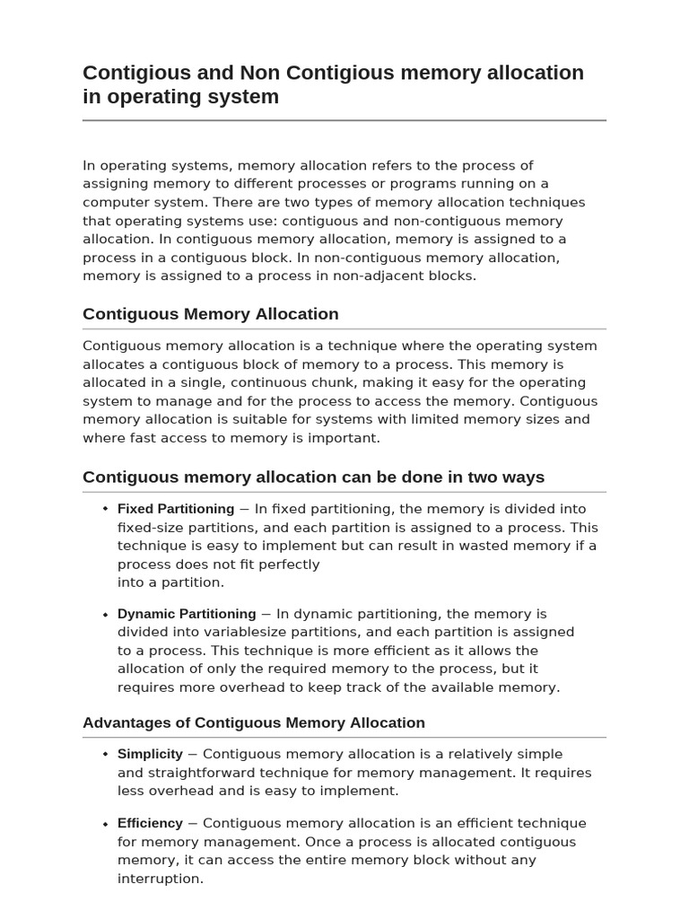 Contigious and Non Contigious Memory Allocation in Operating System | PDF | Software Engineering ...