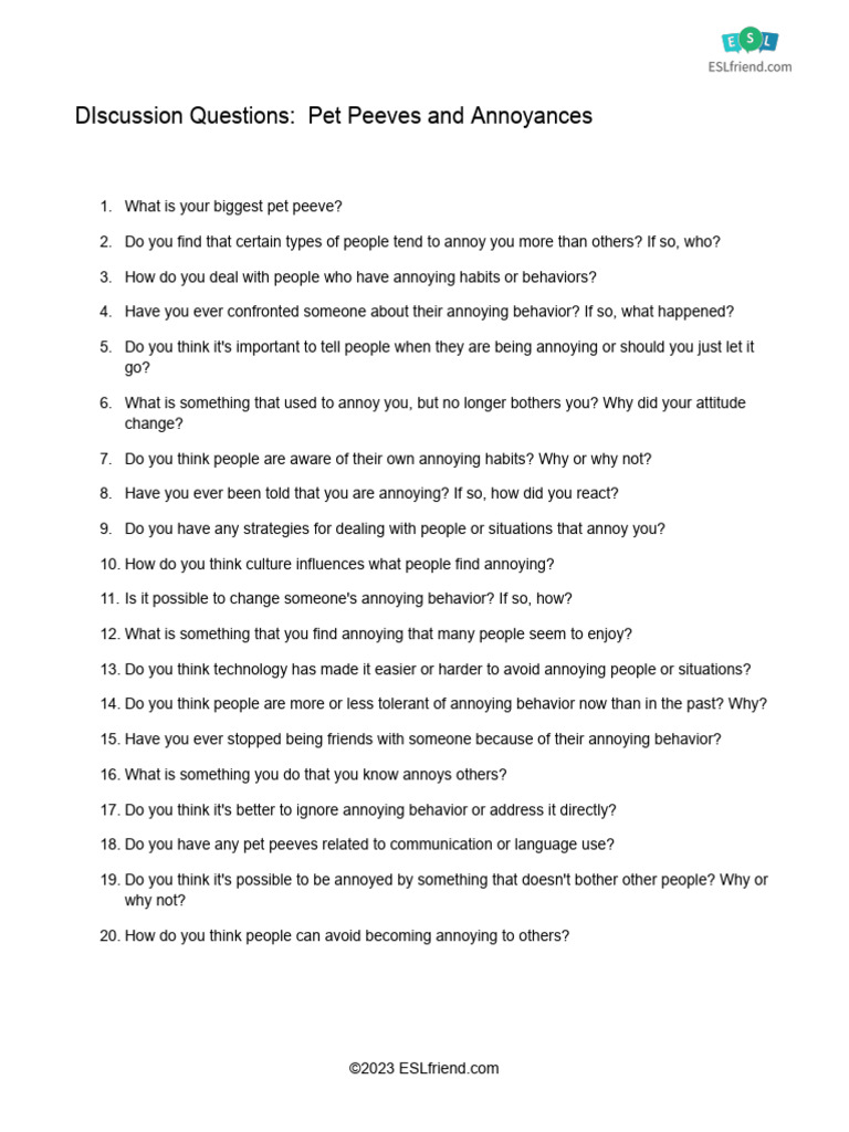 Discussion on Pet Peeves and Annoyances | PDF
