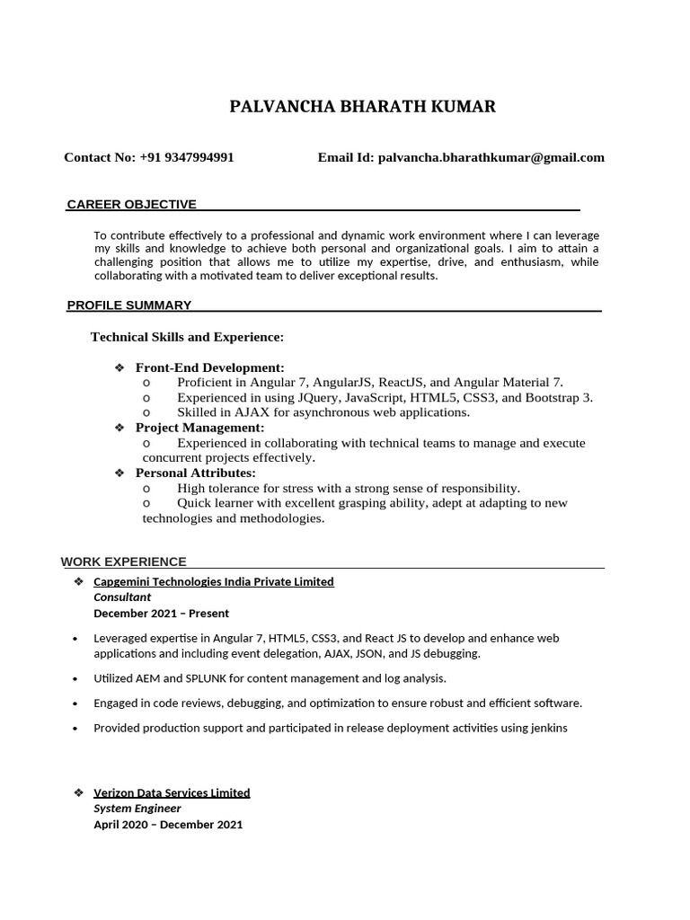 Front-End Developer Resume - Bharath Kumar | PDF | Angular Js | Systems Engineering