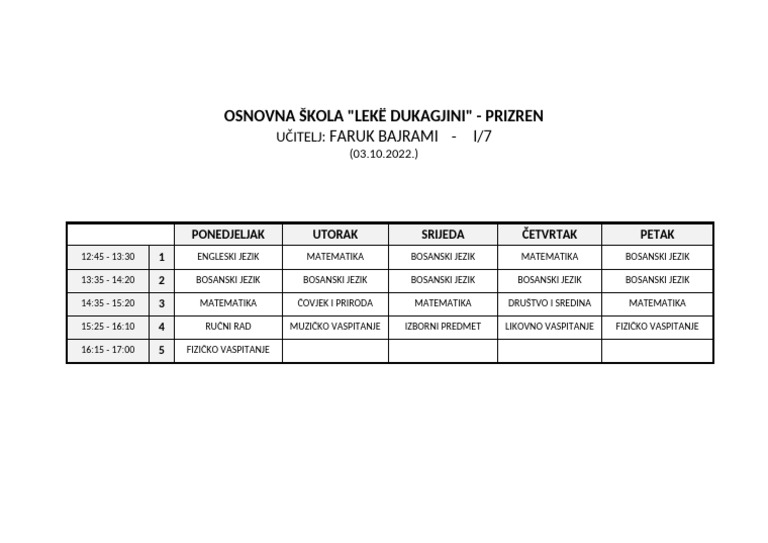 Raspored Casova I Razred | PDF