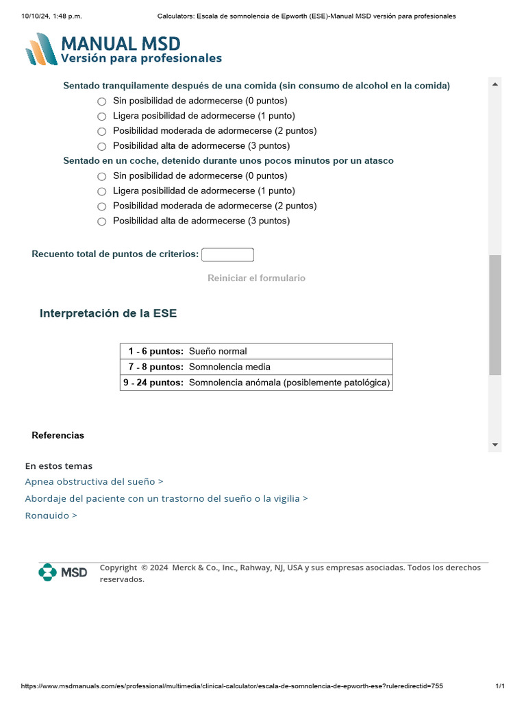 Calculators - Escala de Somnolencia de Epworth (ESE) - Manual MSD ...