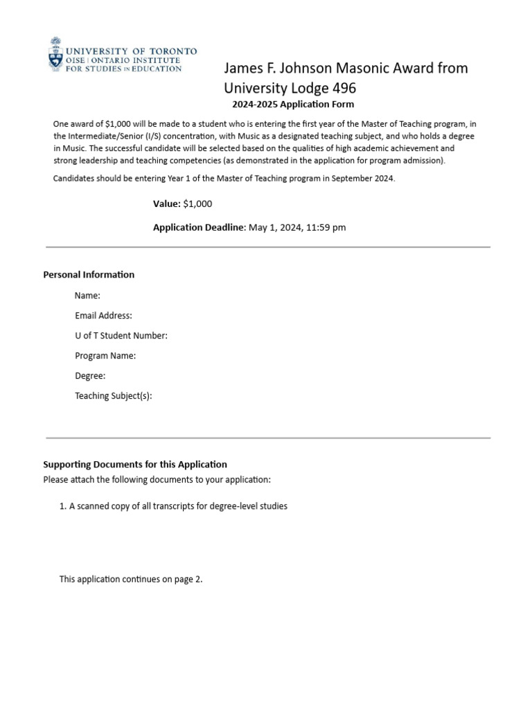 James F Johnson Masonic Award Appplication 2024 25 | PDF