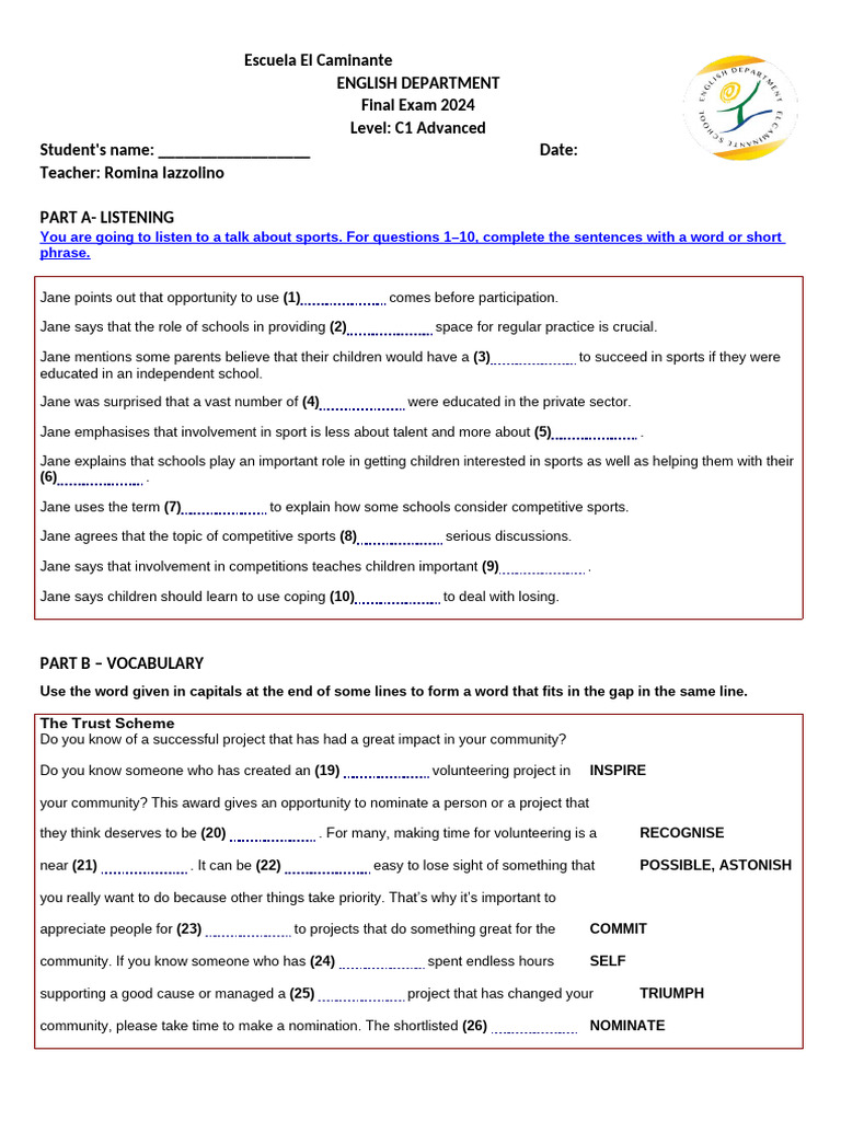 C1 Advanced English Final Exam 2024 | PDF