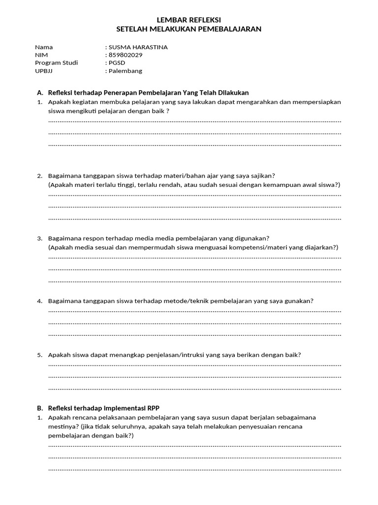 Lembar Refleksi Dan Observasi Susma | PDF