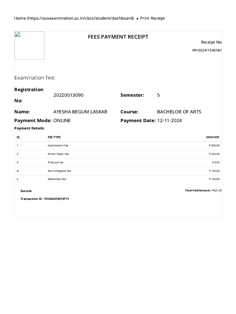 Semester 5 Exam Fee Receipt 2024 | PDF
