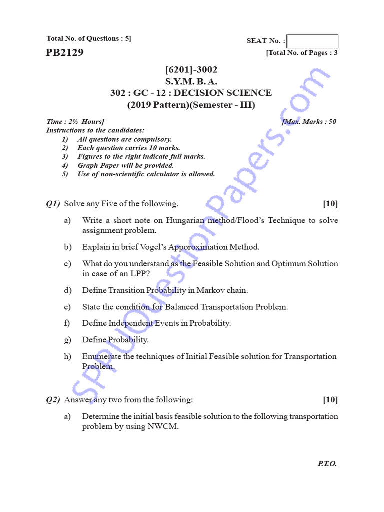Postgraduate Pg Mba Semester 3 2024 May Decision Science Pattern 2019 Pdf Theoretical 