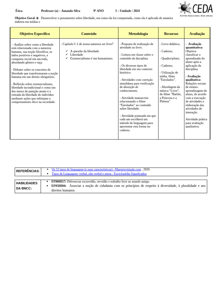 PLANO DE AULA 9 ANO (I UNIDADE) | PDF | Liberdade | Aprendizado