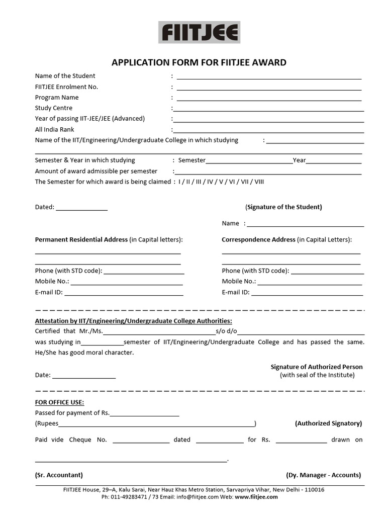 Application Form For FIITJEE Award - JEE 2021 Onwards | PDF