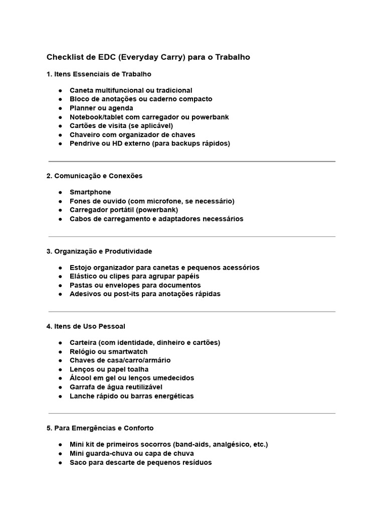 Checklist de EDC (Everyday Carry) para o Trabalho | PDF | Casa e Jardim ...
