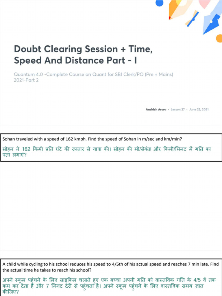 Doubt Clearing Session Time, Speed and Distance Part - I | PDF