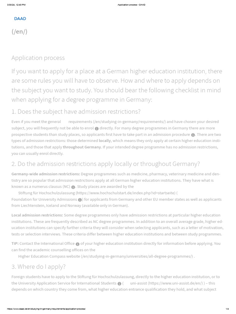 Application Process - DAAD | PDF | University And College Admission | Educational Stages