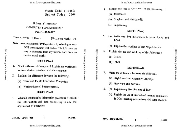 Bcom 1 Sem Computer Fundamentals 2064 2021 | PDF