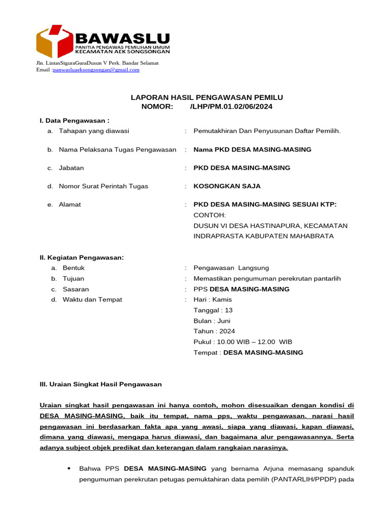 Contoh LHP Pengumuman Pantarlih | PDF