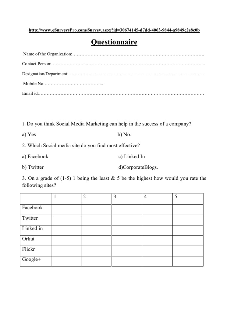 Questionnaire of SMM | Social Media Marketing | Social Media