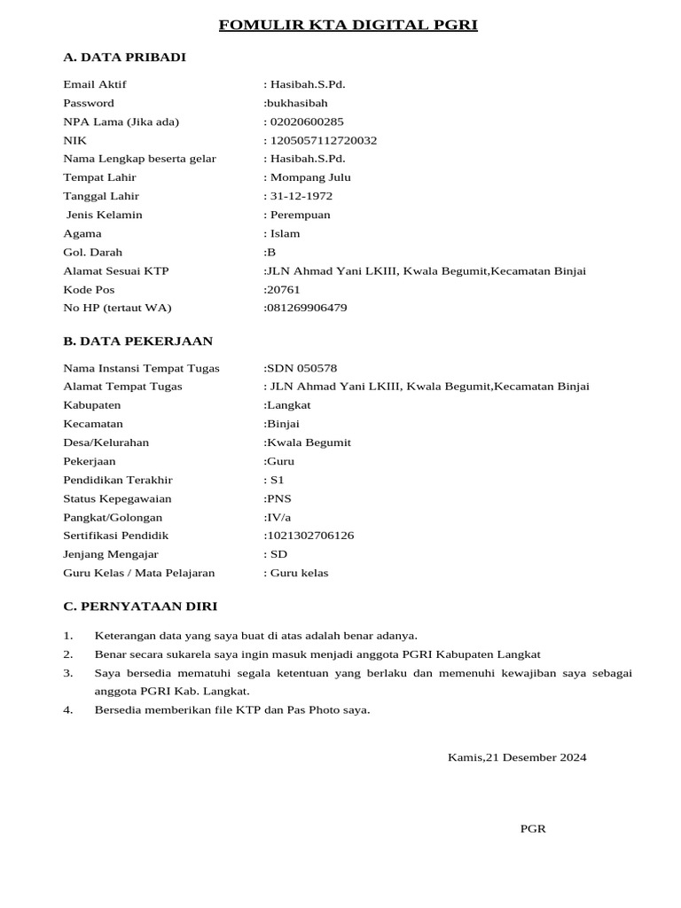 Formulir KTA Digital PGRI Langkat | PDF