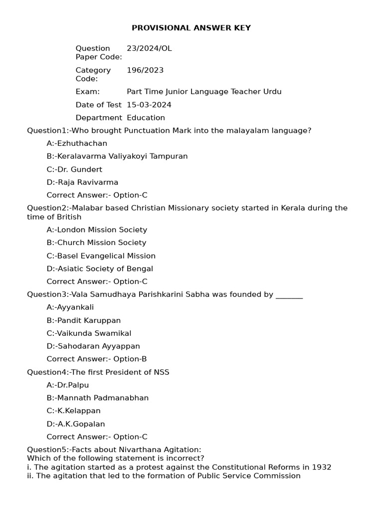 Prov Ans Key | PDF | Christian Mission