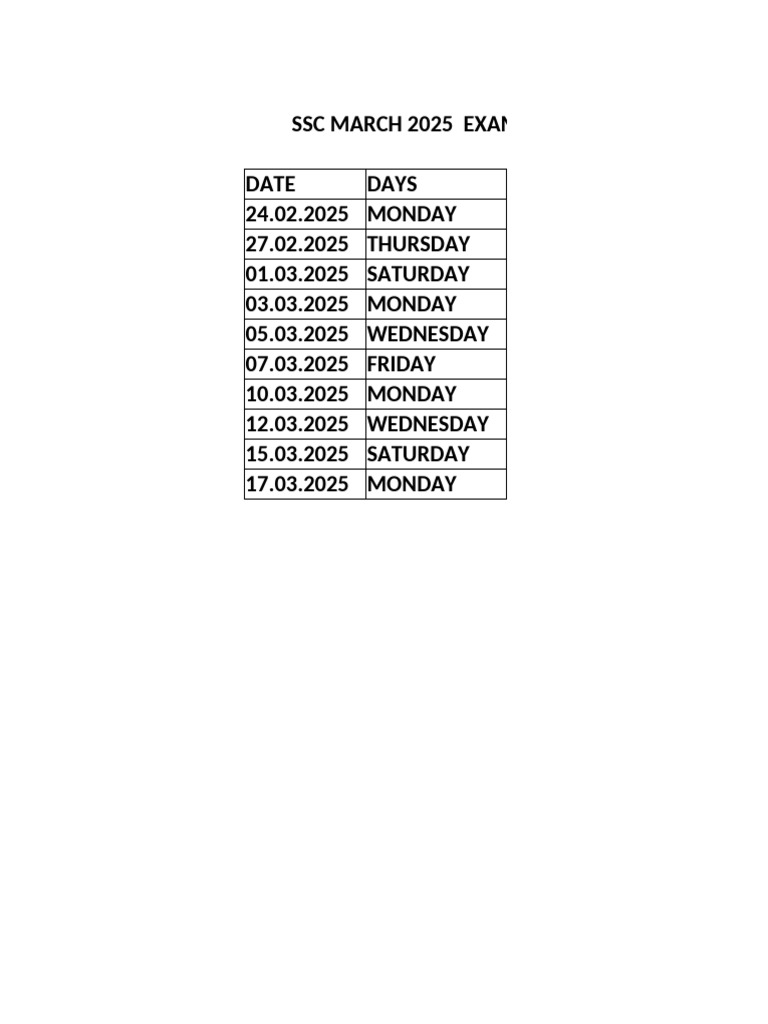 SSC March 2025 Time Table | PDF