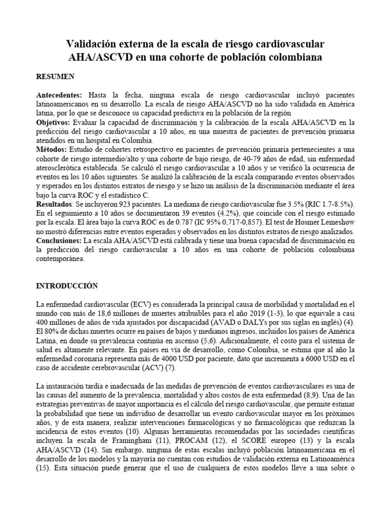 Validación Externa de La Escala de Riesgo Cardiovascular AHA - ASCVD ...