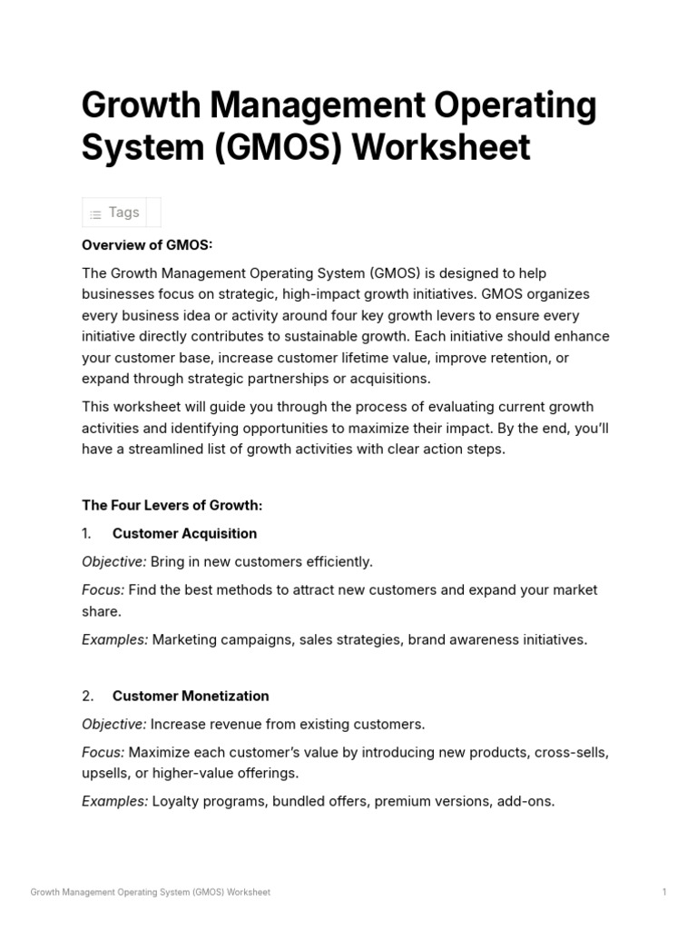 Growth Management Operating System (GMOS) Worksheet | PDF | Mergers And ...
