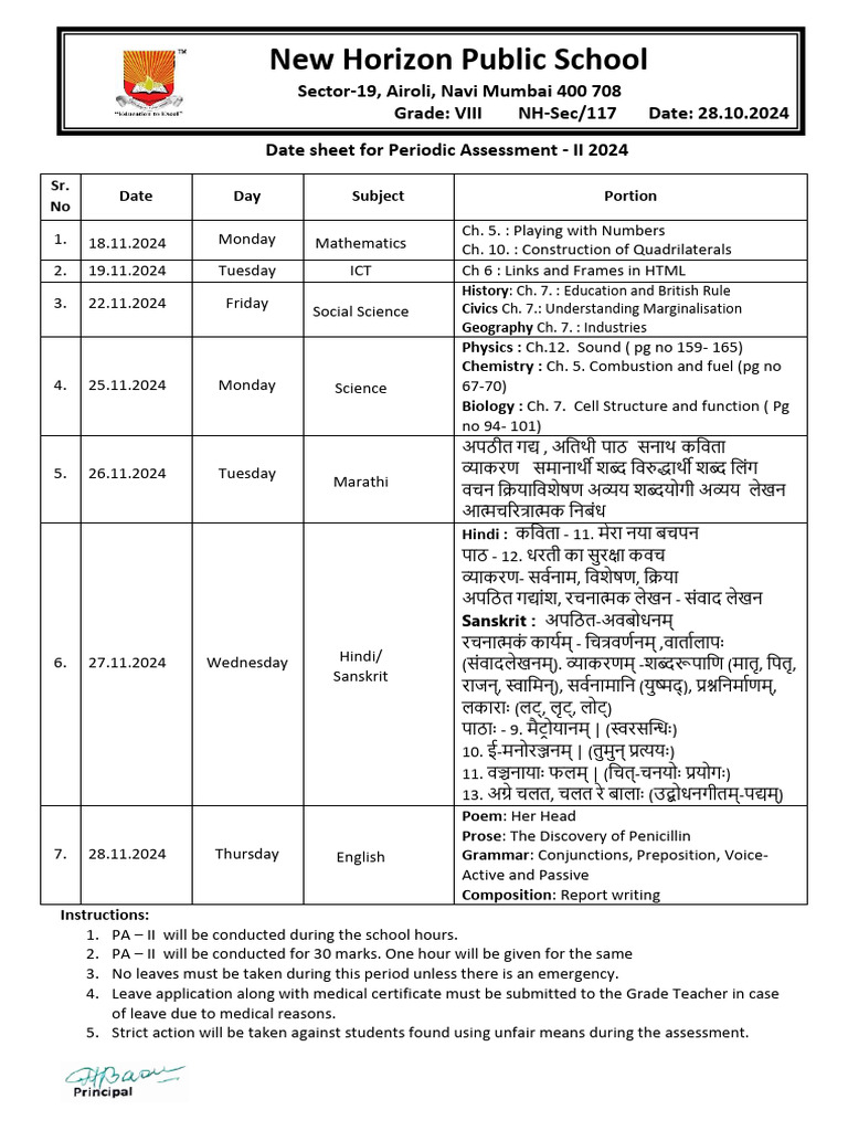 Circular No 117 - Grade VIII Periodic Assessment - II 2024 | PDF