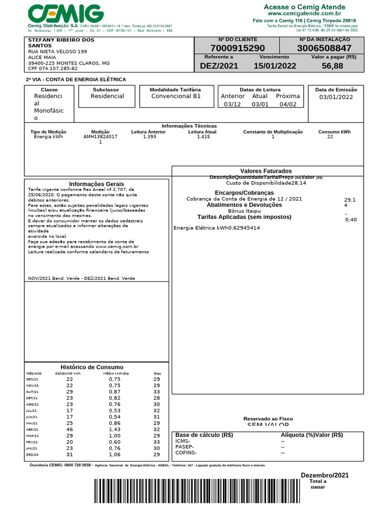 Modelo Cemig MG 2022 | PDF