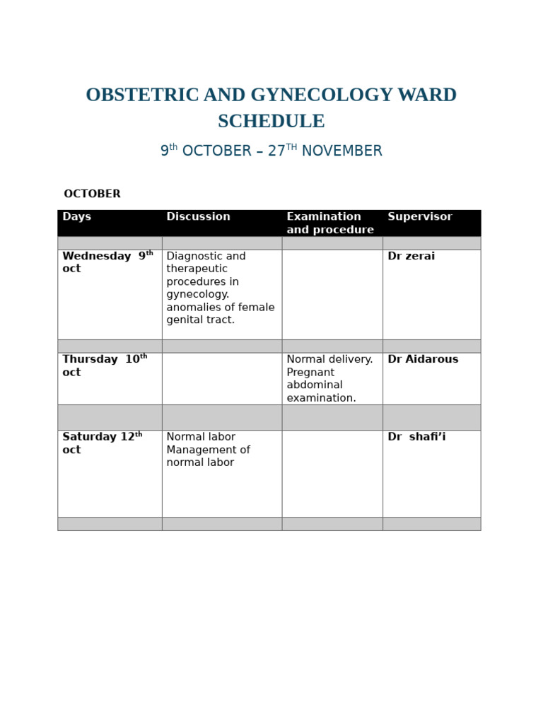 Obstetric and Gynecology Ward Schedule | PDF | Childbirth | Pregnancy