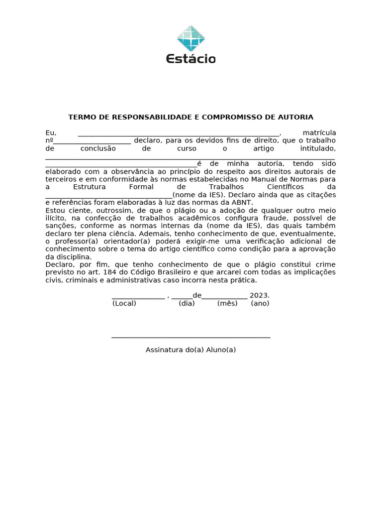 Termo de Responsabilidade e Autoria - 2024 | PDF | Carreira e Crescimento