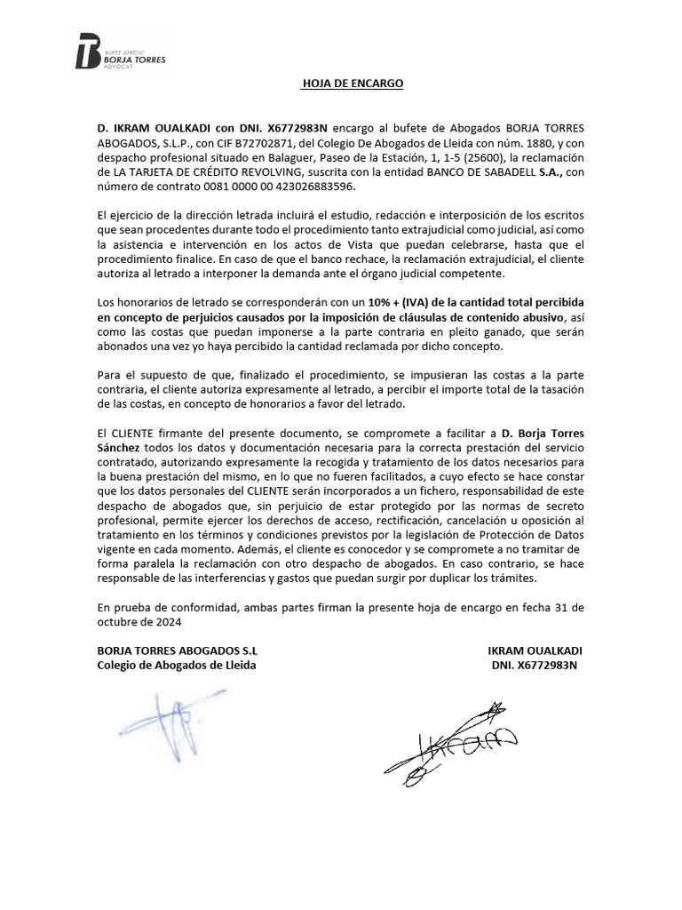 Gemma G - Hoja de Encargo Tarjeta-Ikram Oualkadi | PDF | Abogado | Justicia