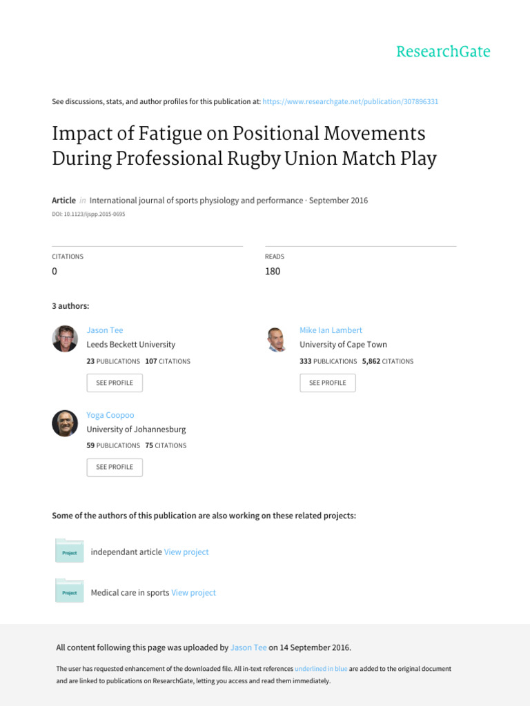 Impact of Fatigue On Positional Movements During Professional Rugby Union Match Play | PDF ...