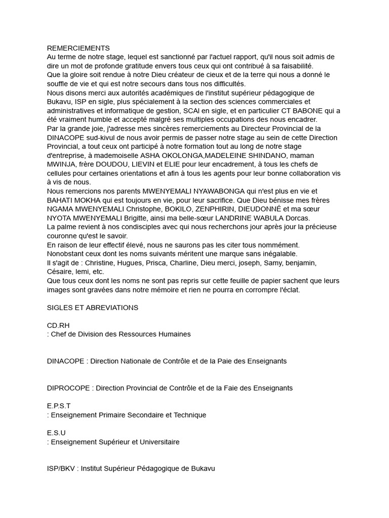 Remerciements pour le stage à DINACOPE | PDF | Évolution de carrière