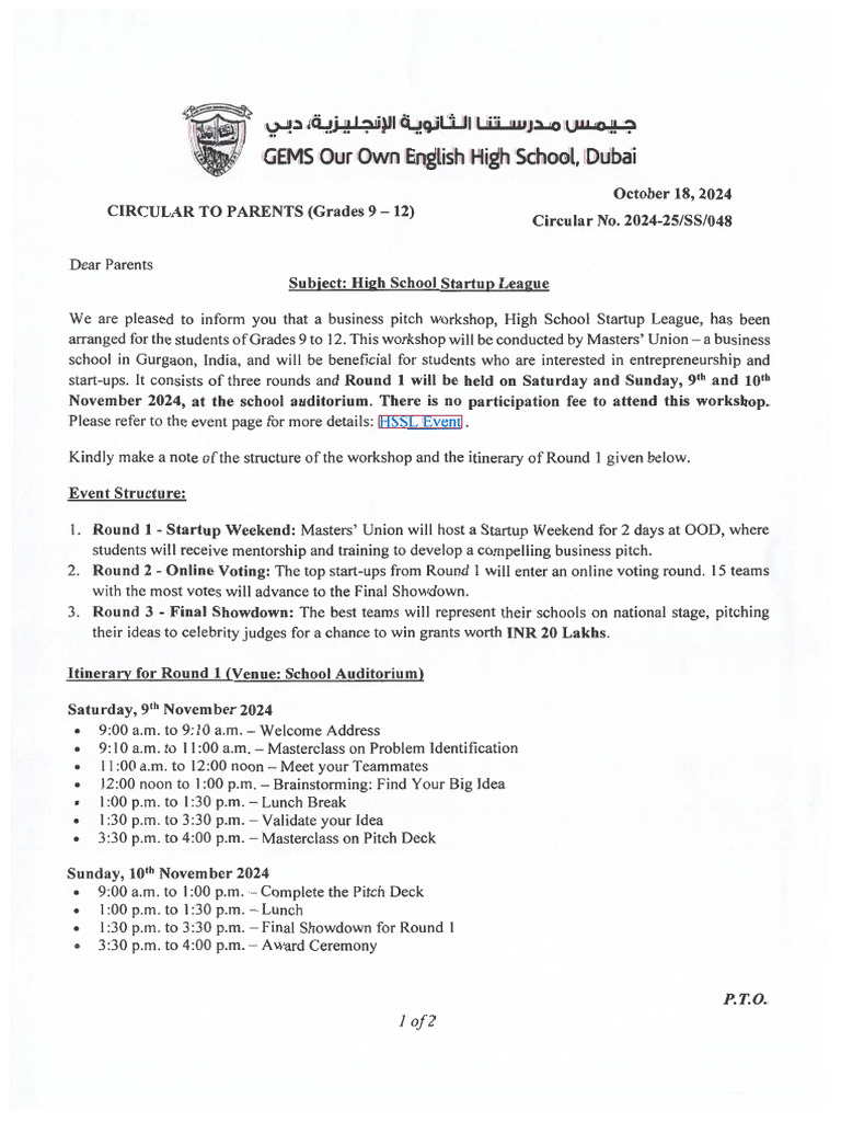 Circular To Parents (Grades 9 - 12) High School Startup League | PDF