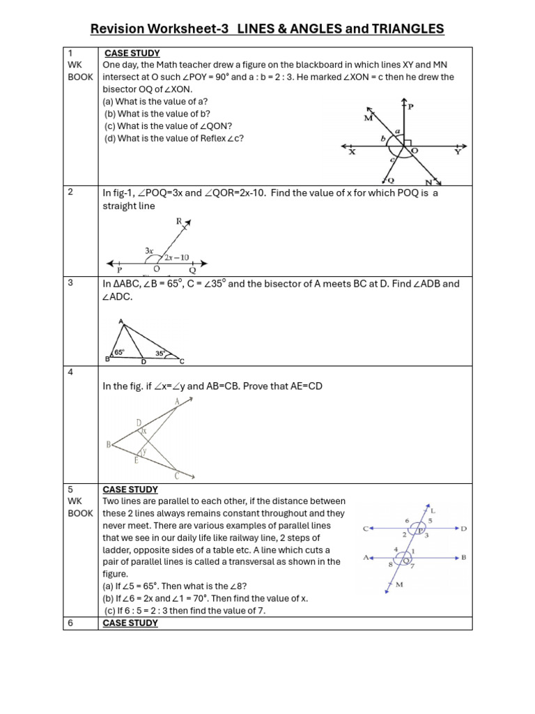 Revision Worksheet-3 LINES ANGLES and TRIANGLES | PDF | Triangle | Euclidean Plane Geometry