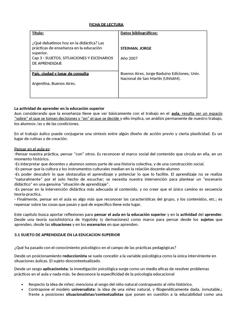 Ficha - Steiman 2007 - Capitulo Tres | PDF | Aprendizaje | Enseñando