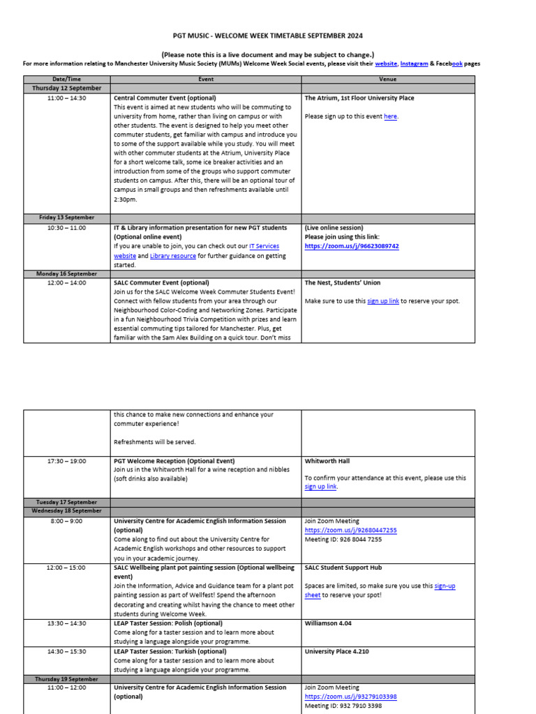 PGT MUSIC Welcome Week Timetable 2024 | PDF