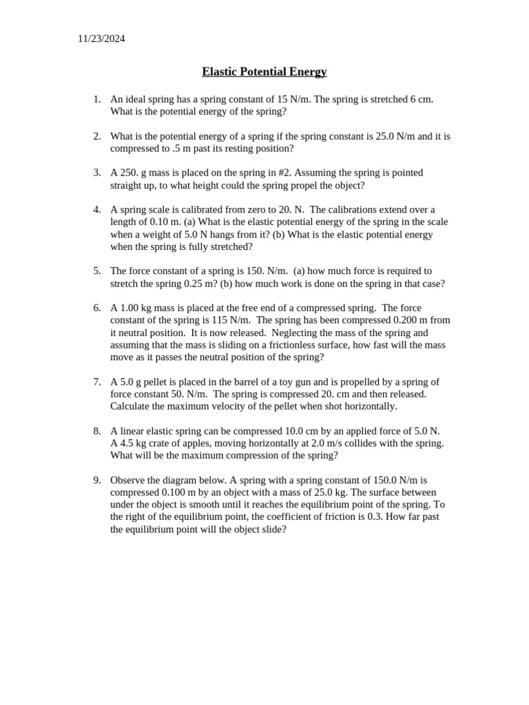 Elastic Potential Energy Worksheet | PDF | Teaching Methods & Materials