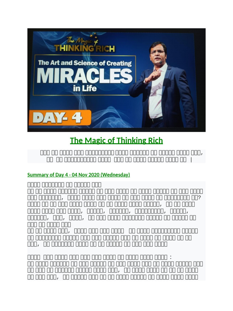 The Magic of Thinking Rich Day-4 Hindi | PDF