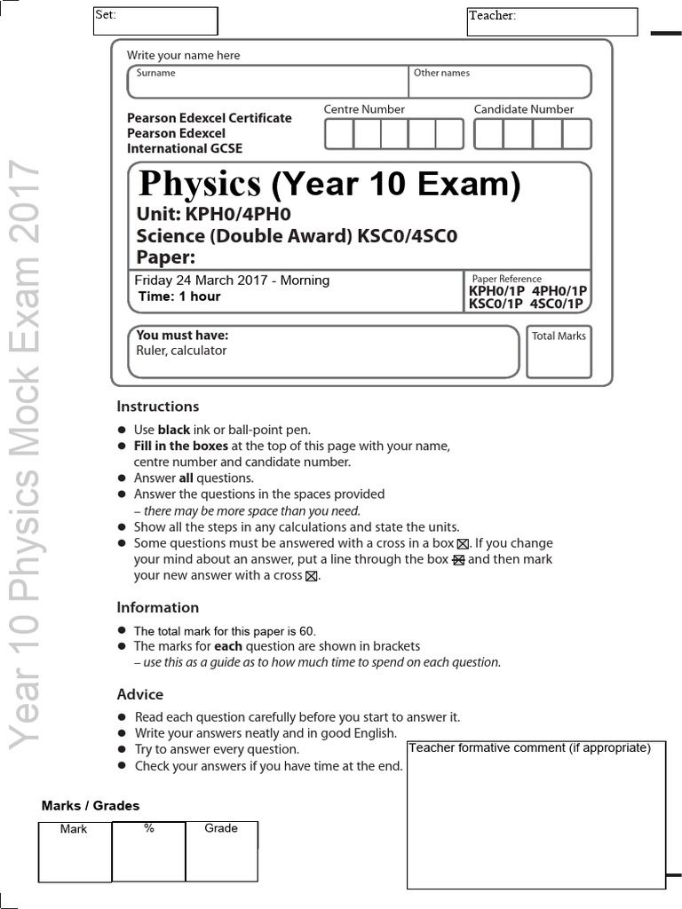 Year 10 Physics Mock Exam Paper | PDF | Pressure | Gases