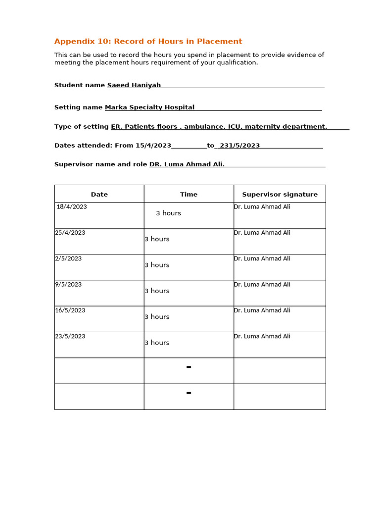 Appendix 10 Record of Hours in Placement | PDF
