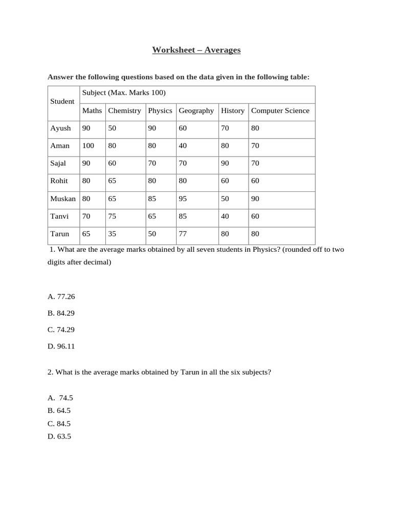 Worksheet 2 - Averages | PDF