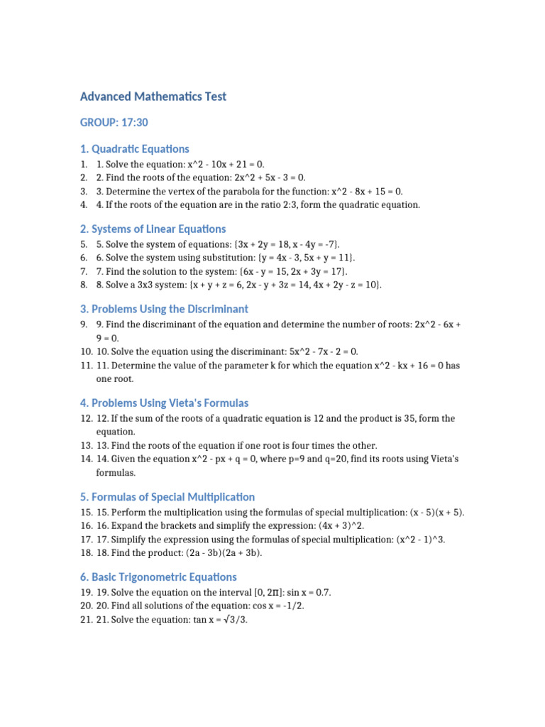 Advanced Mathematics Test | PDF | Quadratic Equation | Trigonometry