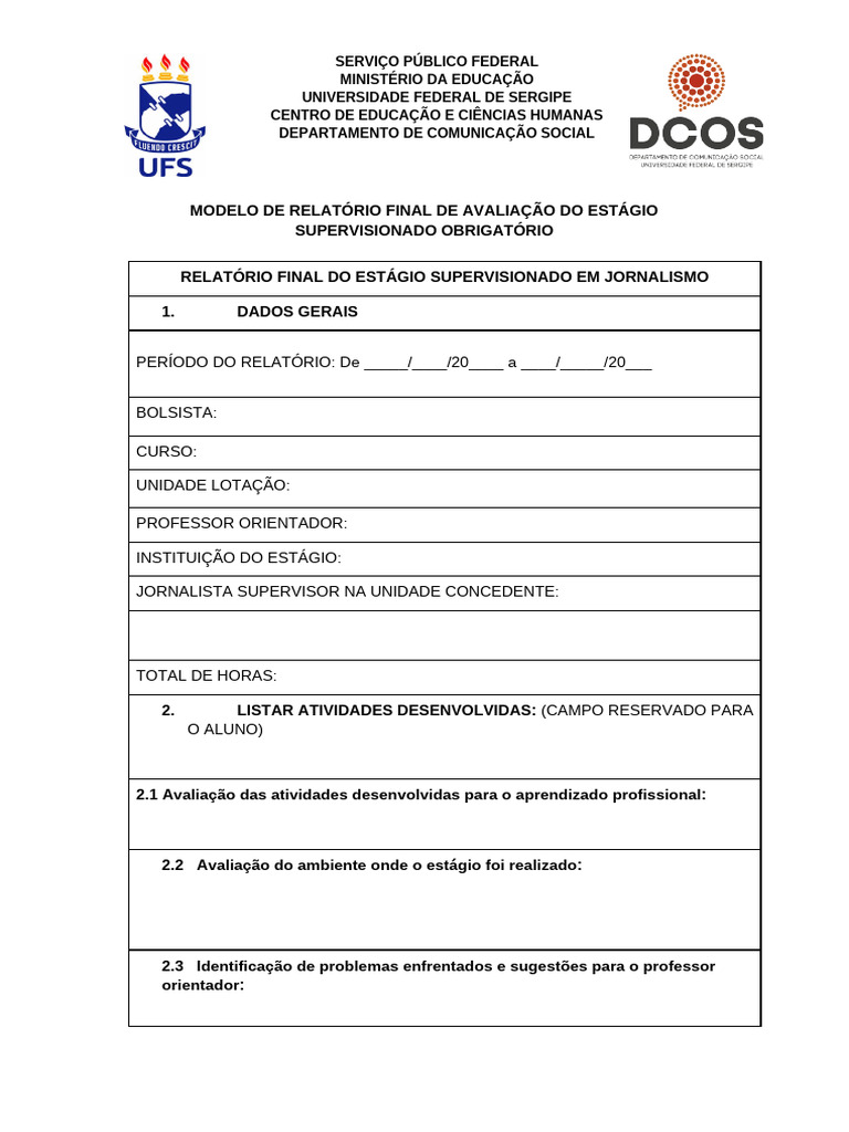 Modelo de Relat Rio Final de Avalia o Do Est Gio Supervisionado Obrigat Rio | PDF | Jornalismo ...