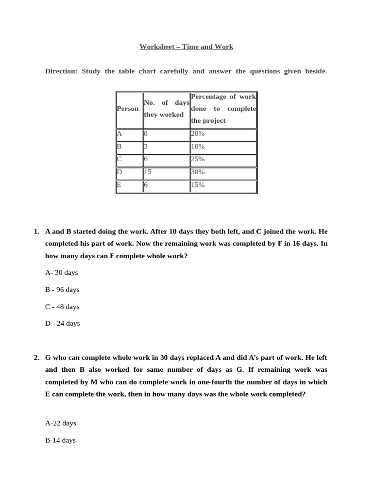 Worksheet( Time and Work | PDF