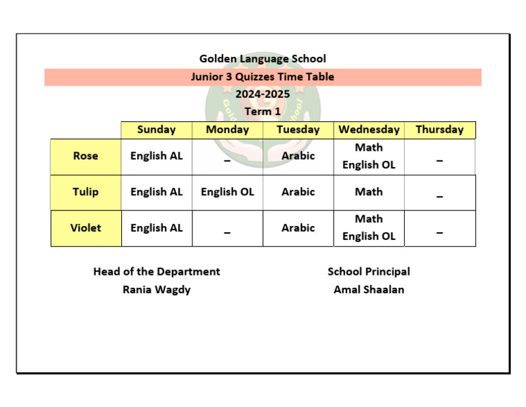 Junior 3 Quizzes Time Table | PDF