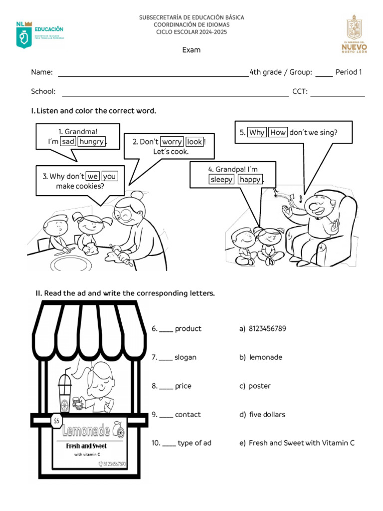 4th Grade Exam Period 1 | PDF
