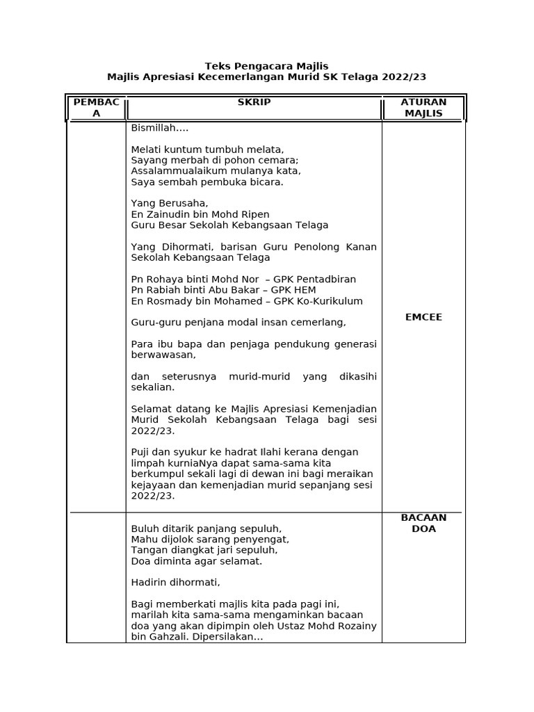 Teks Pengacaraan Majlis Apresiasi Kecemerlangan SKT 2022 | PDF