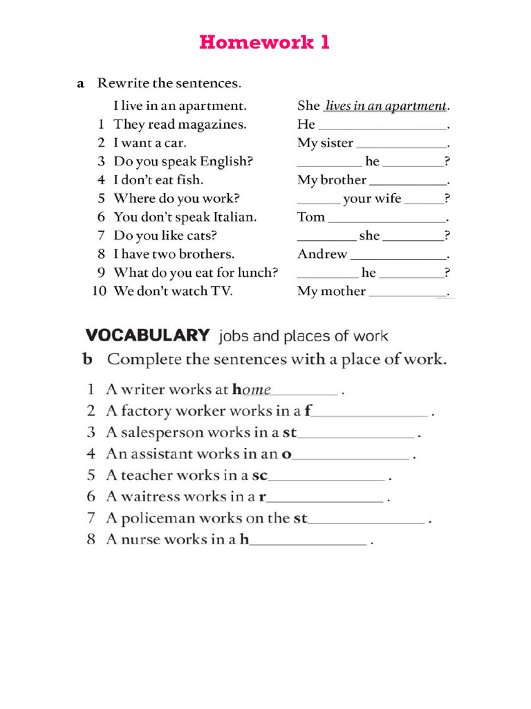 Homework 1 Jobs, Places of Work, Grammar He, She, It | PDF