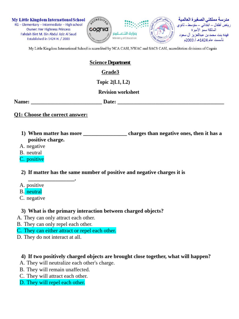 Grade 3 Science: Electric Charges Worksheet | PDF | Electric Charge | Force