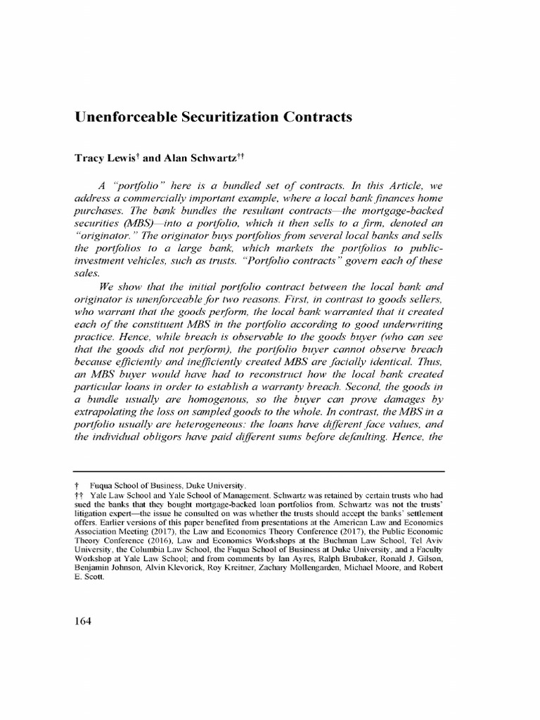 Schwartz, Unenforceable Securitization Contracts | PDF | Securitization | Loans