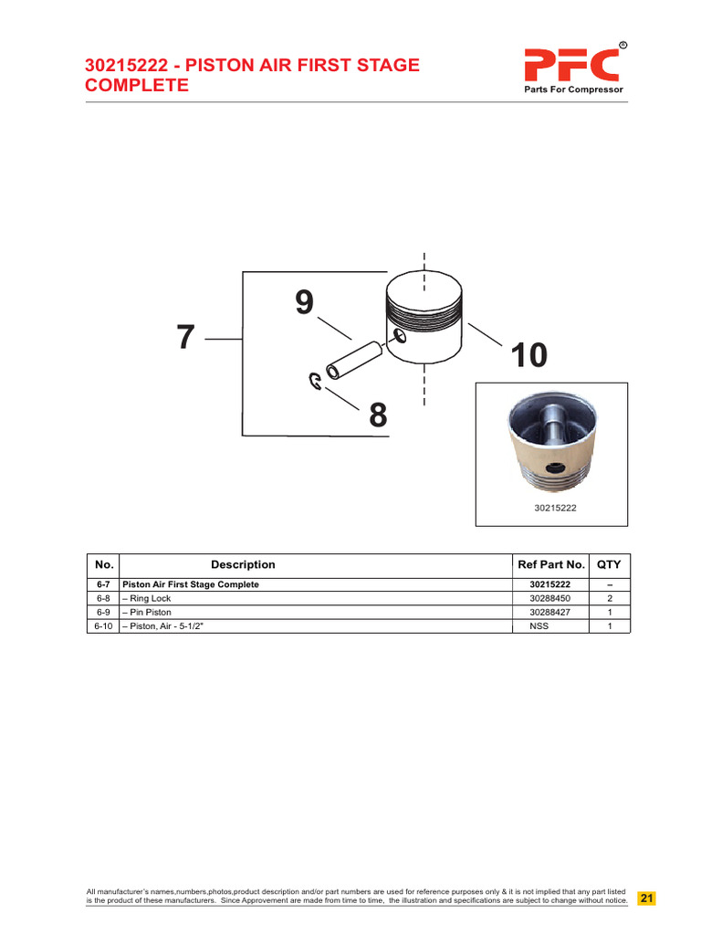 Piston Air First Stage Complete: Description No. Ref Part No. QTY | PDF